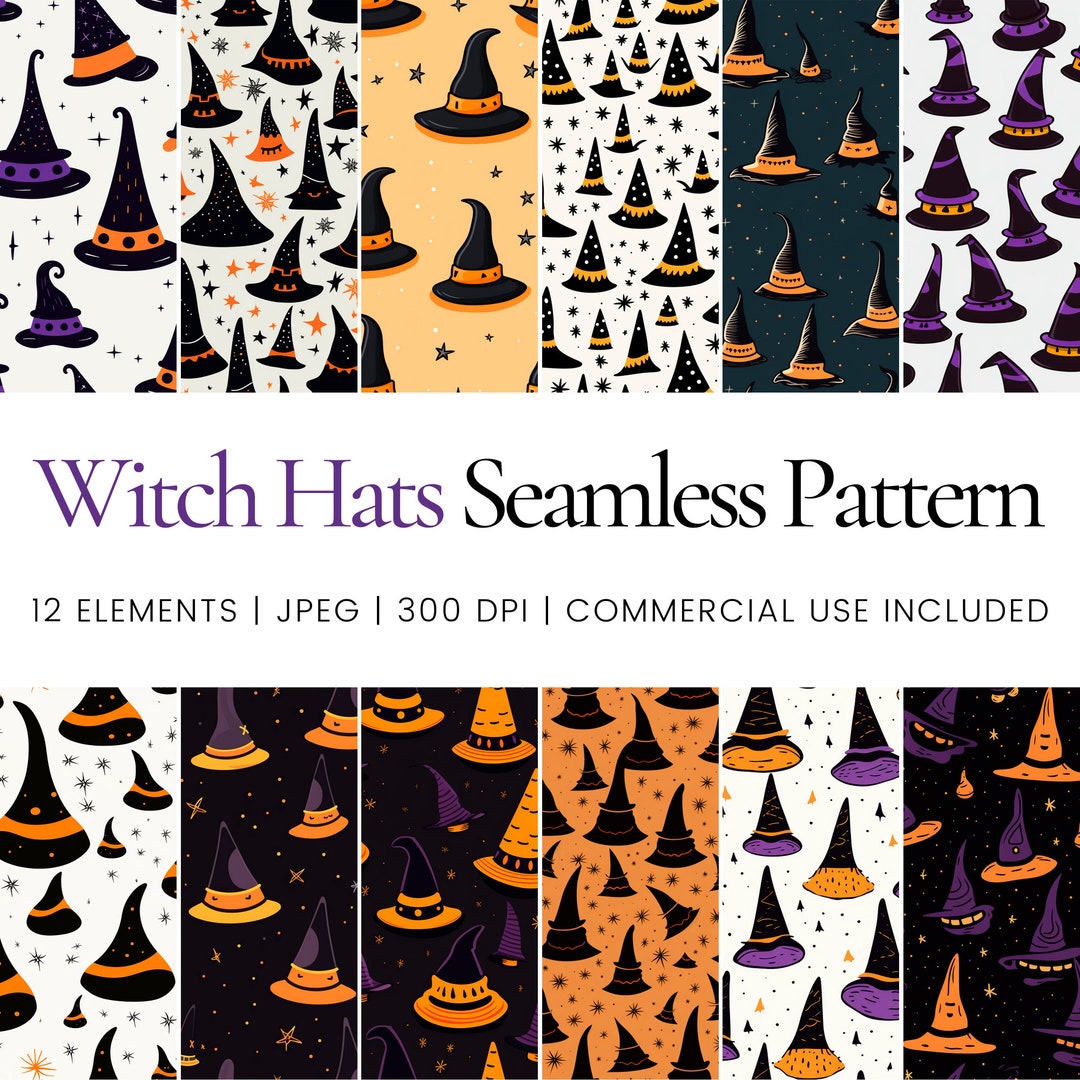 Witch Hats Digital Papers, Halloween Witch Hats Seamless Repeat Pattern ...