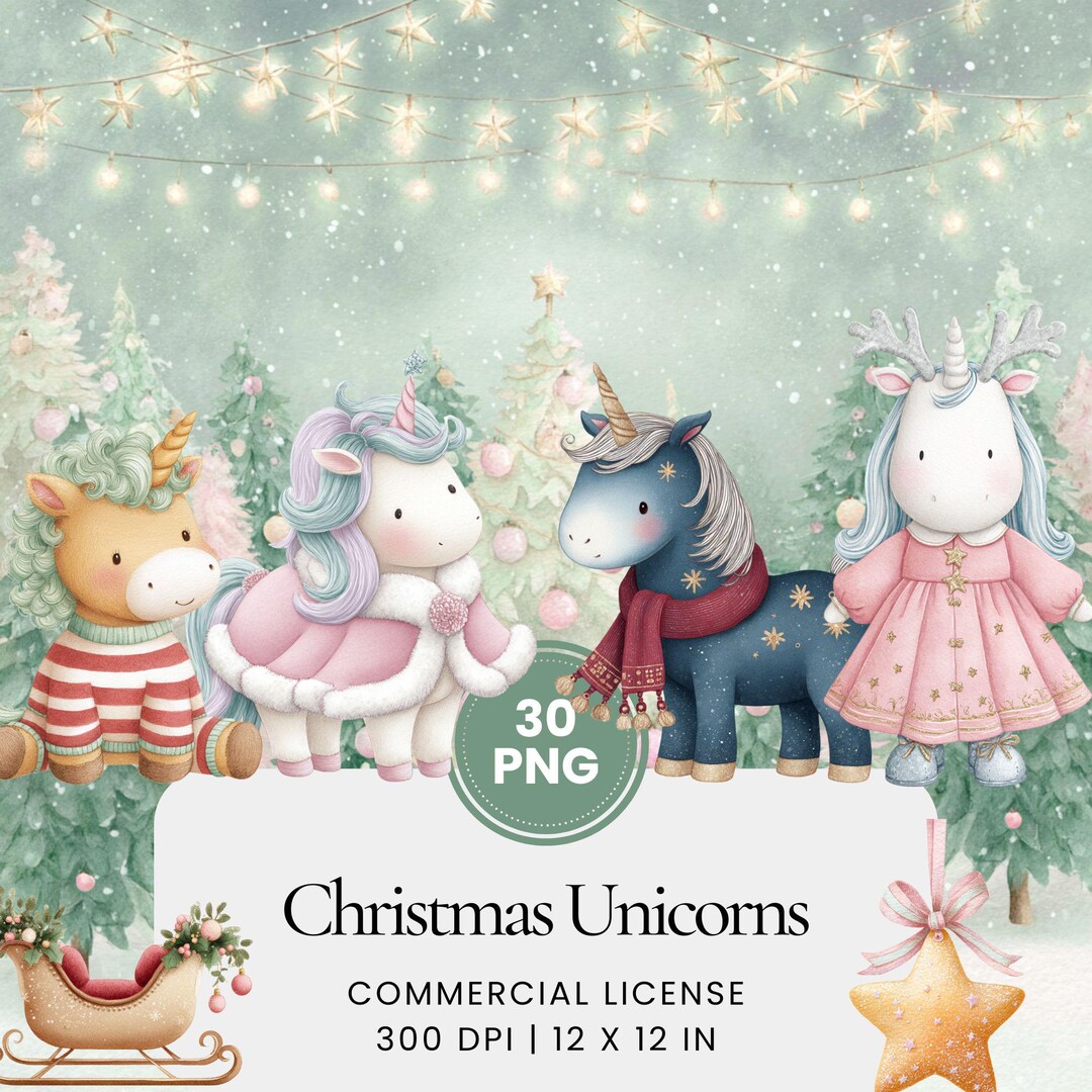 Magical Christmas Unicorns Watercolor Clipart Bundle, Whimsical Pastel ...