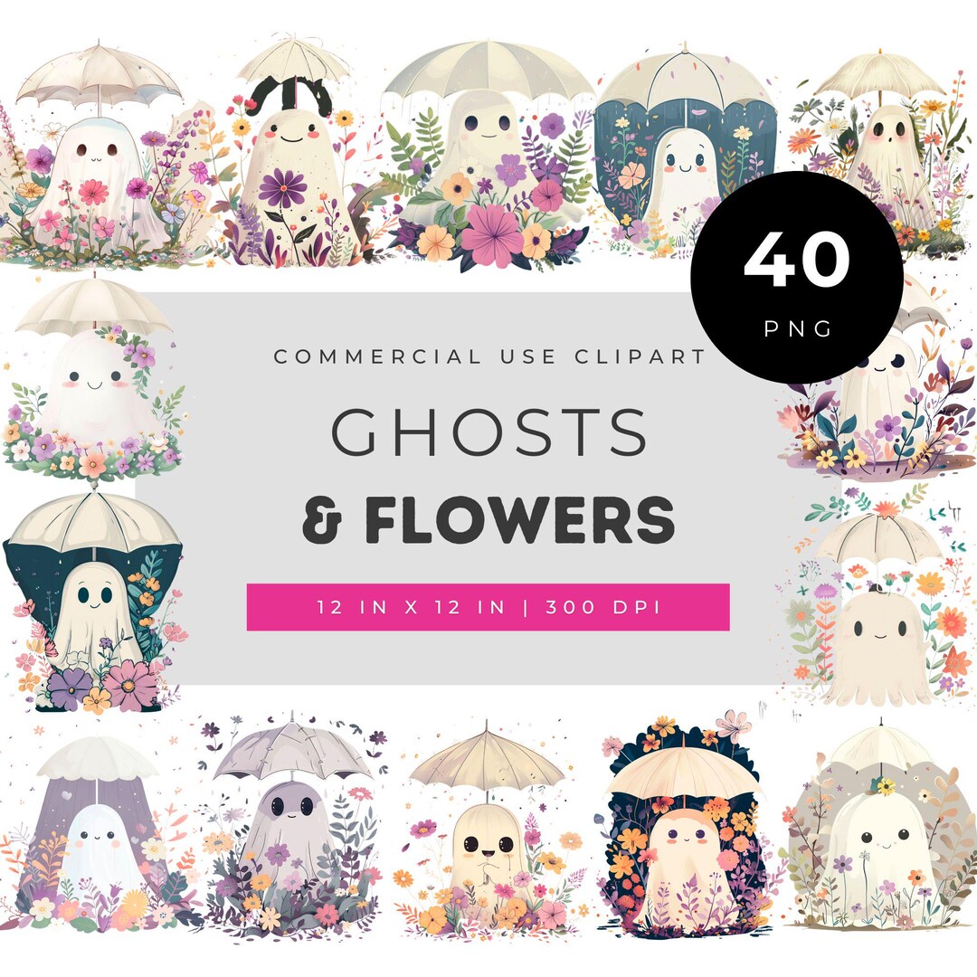 Ghosts and Flowers Clipart Set, Cute Pastel Ghosts With Umbrellas ...