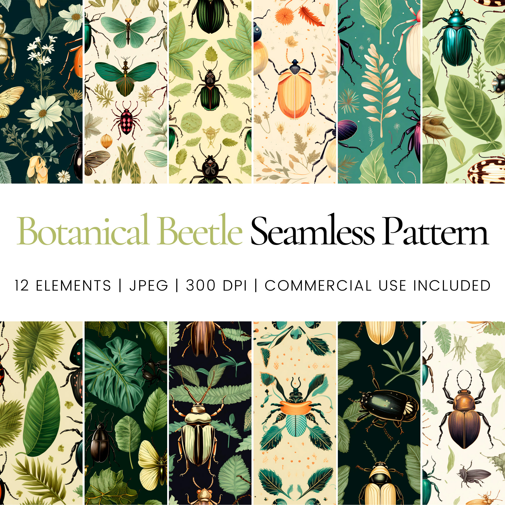 Botanical Beetle Seamless Repeat Pattern, Botanical Beetle Digital ...