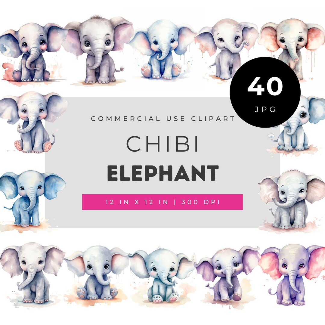 Chibi Elephant Clipart, Cute Baby Elephant Illustration, Watercolor ...