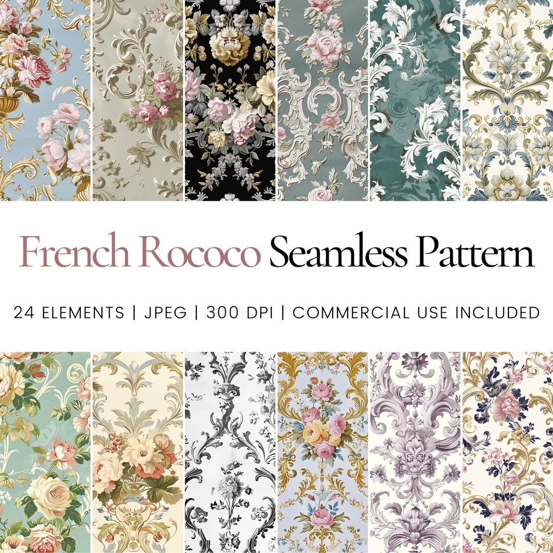 French Rococo Seamless Pattern Bundle, Vintage Baroque Floral Digital ...
