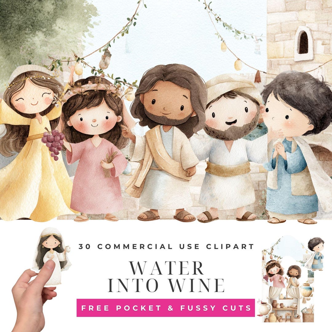 Water Into Wine Bible Story Clipart Bundle, Watercolor Wedding at Cana ...
