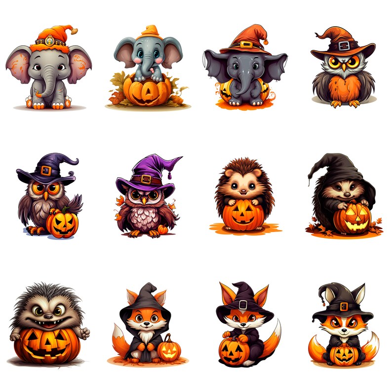Halloween Animals Clipart Set, Cute Bunnies Tigers and Pigs With ...