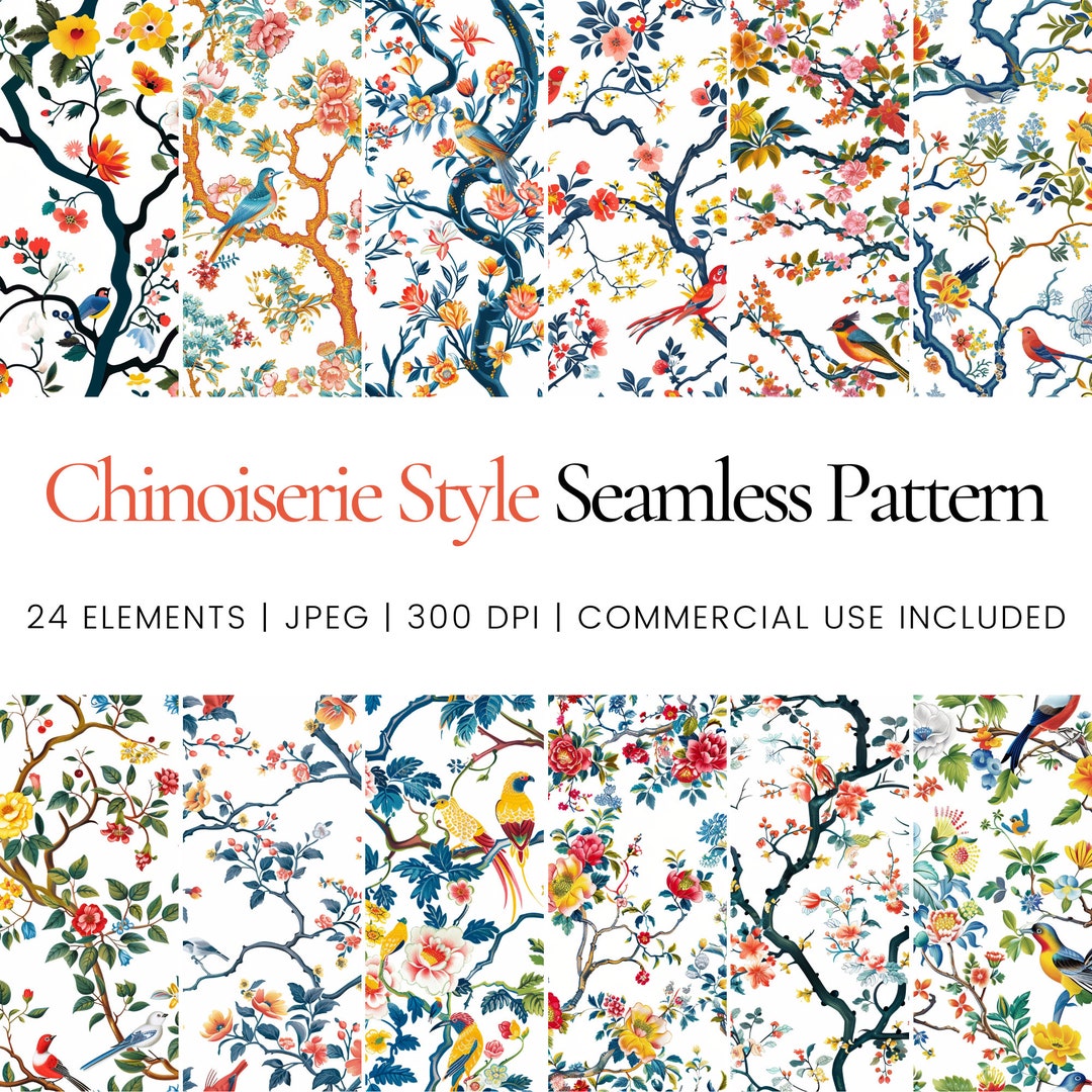 Chinoiserie Seamless Pattern Bundle, Vintage Oriental Floral Bird ...