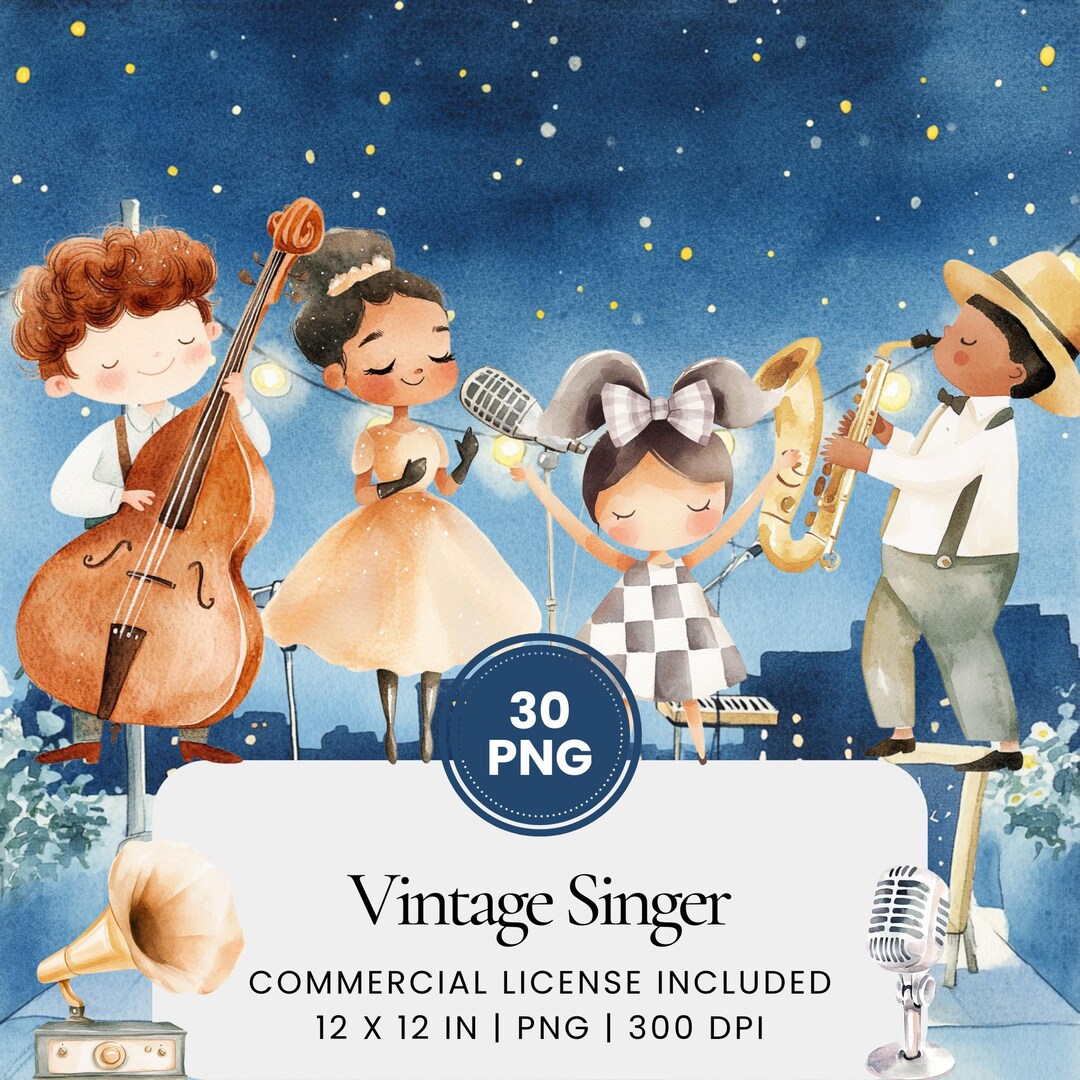 Vintage Singer Clipart Set With Retro Jazz Band Kids PNG, Classic Music ...