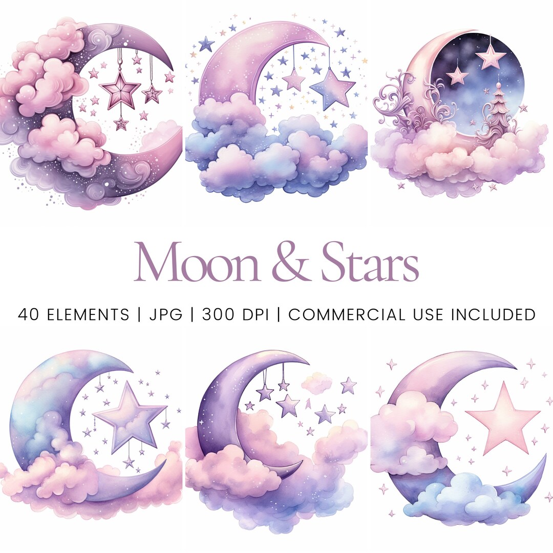 Moon & Stars Clipart 40 High Quality JPG Digital Planner, Junk ...