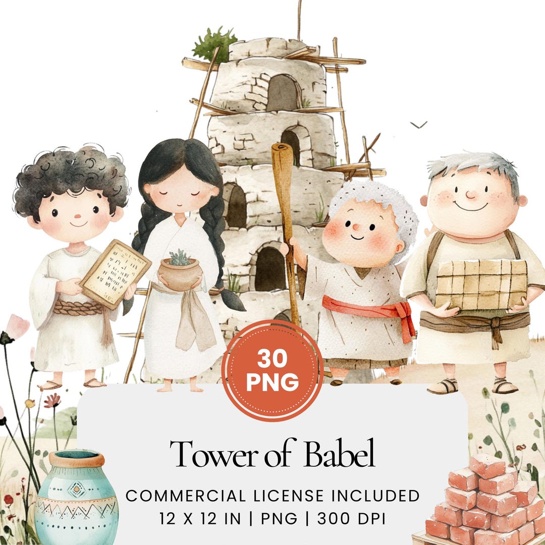 Tower of Babel Bible Clipart Set, Christian Kids PNG Illustrations, Old ...