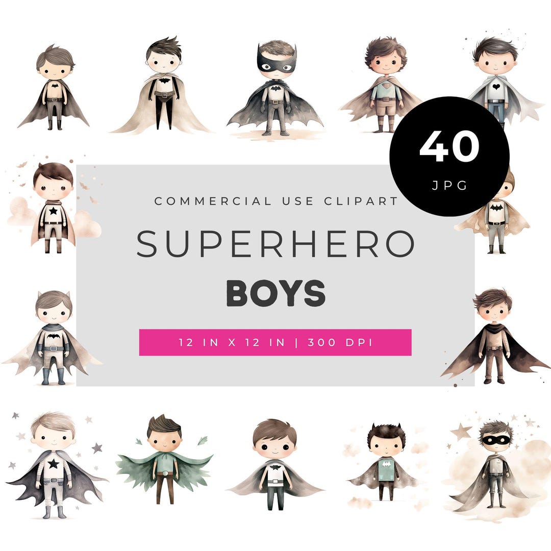 Superhero Boys Clipart Bundle, Cute Little Hero Png Set, Watercolor ...