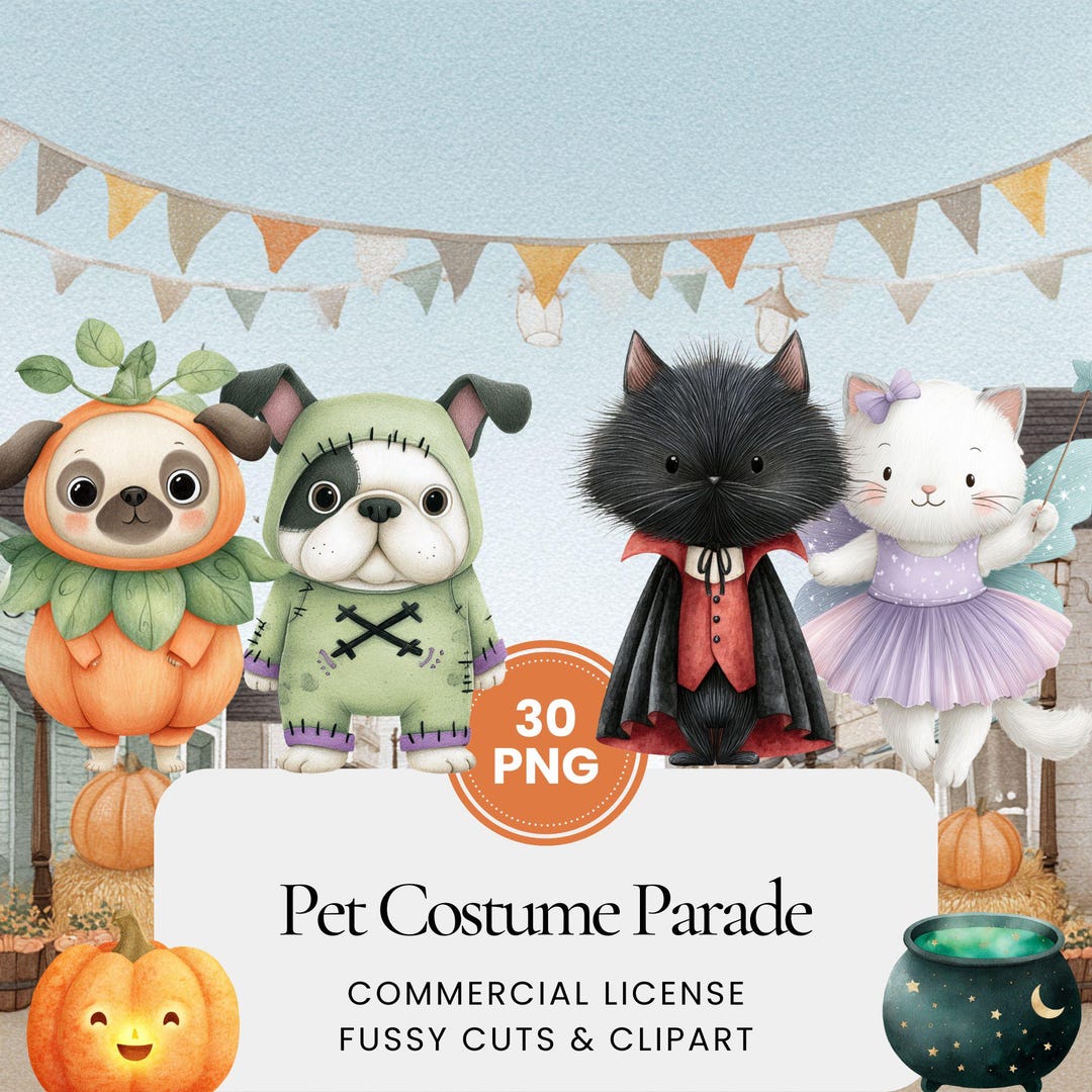 Pet Costume Parade Halloween Clipart, Cat Dog Watercolor Illustrations ...