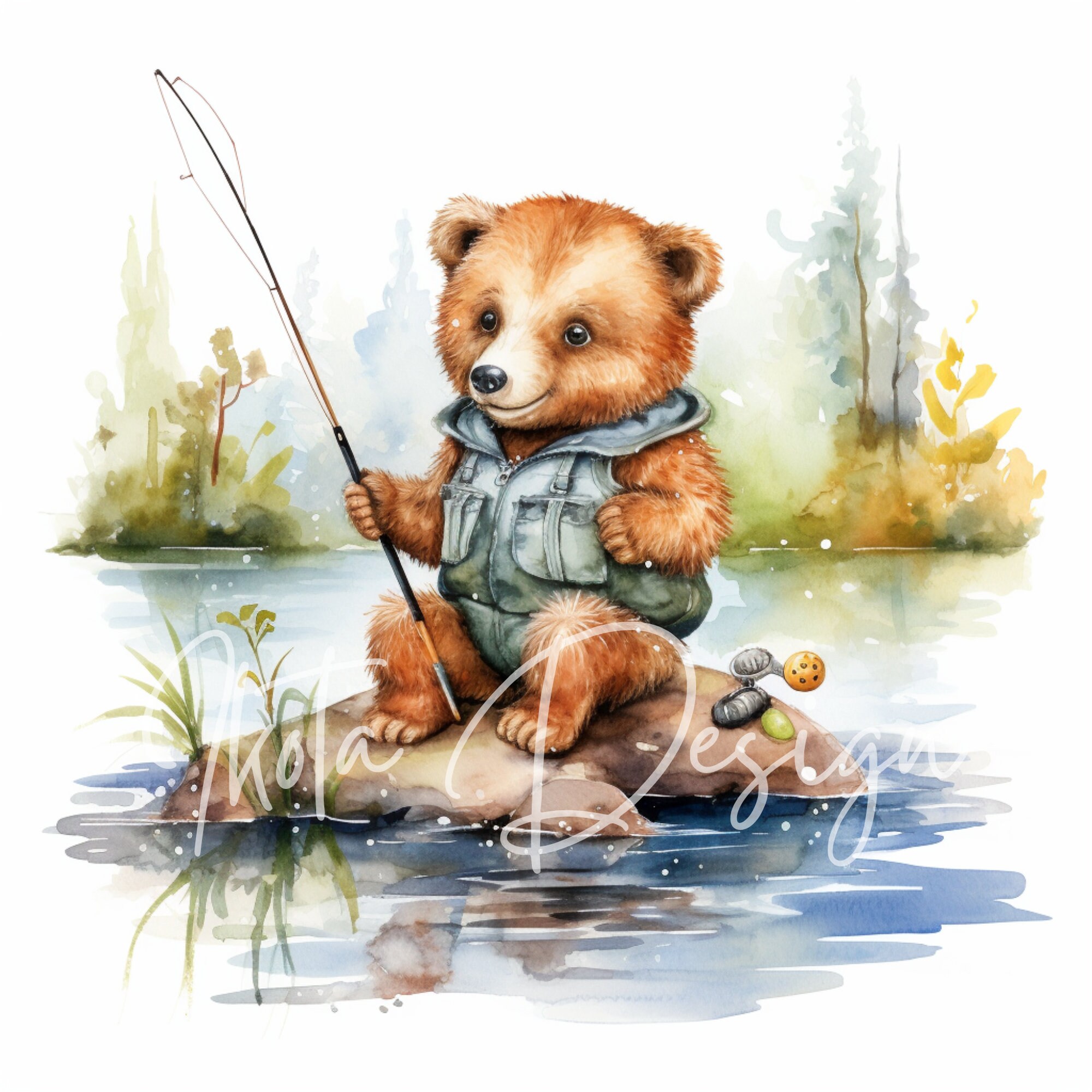 Cute Bear Fishing Clipart Collection, Watercolor Teddy Bears by the ...