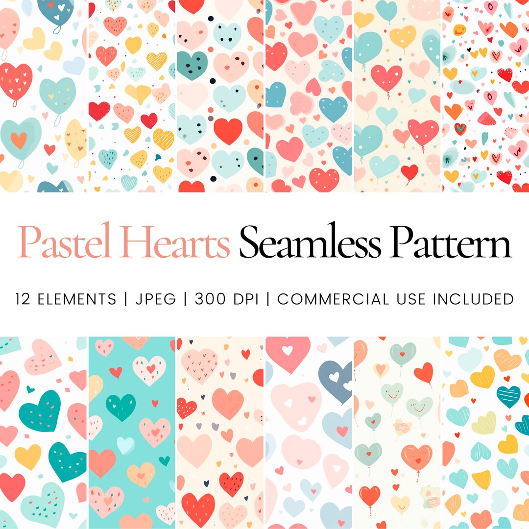 Pastel Hearts Digital Paper, Pastel Colored Heart Seamless Repeat ...