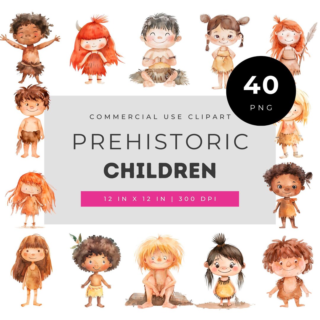 Prehistoric Children Clipart Set Cute Stone Age Kids Watercolor ...