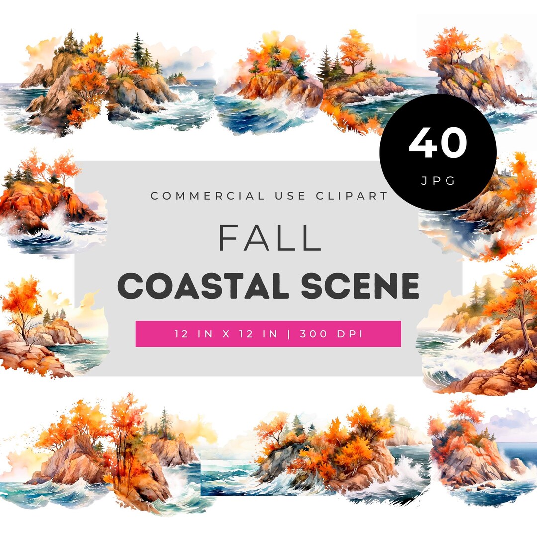 Fall Coastal Scene Watercolor Clipart Set, Autumn Ocean Cliffs ...