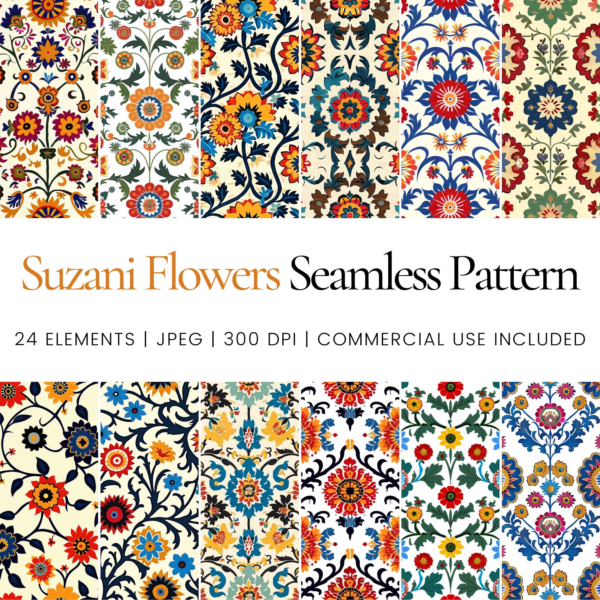 Suzani Flowers Seamless Repeat Pattern, Bohemian Embroidered Floral ...