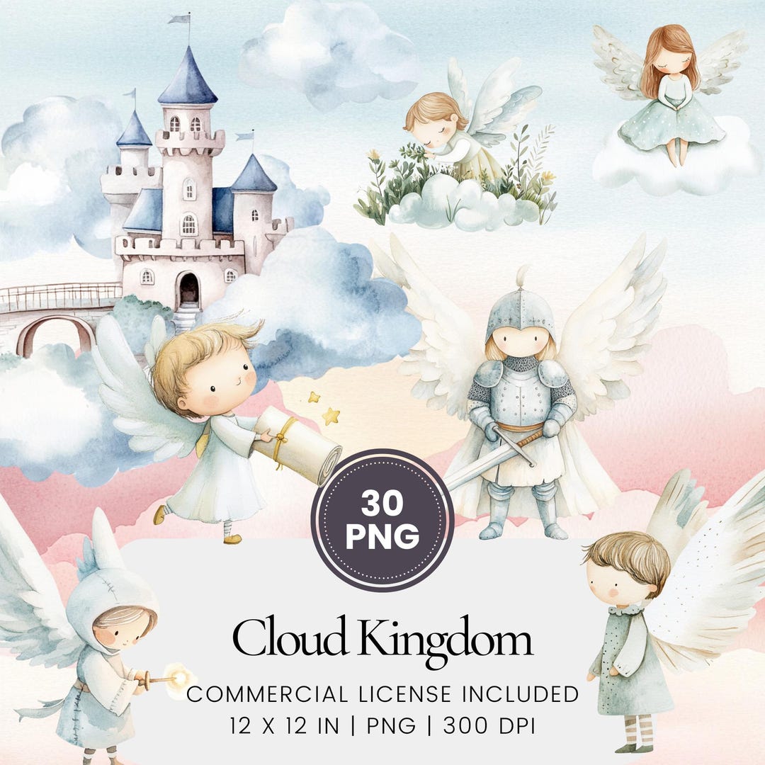 Cloud Kingdom Clipart, Angelic Children With Wings and Castle Scenes ...