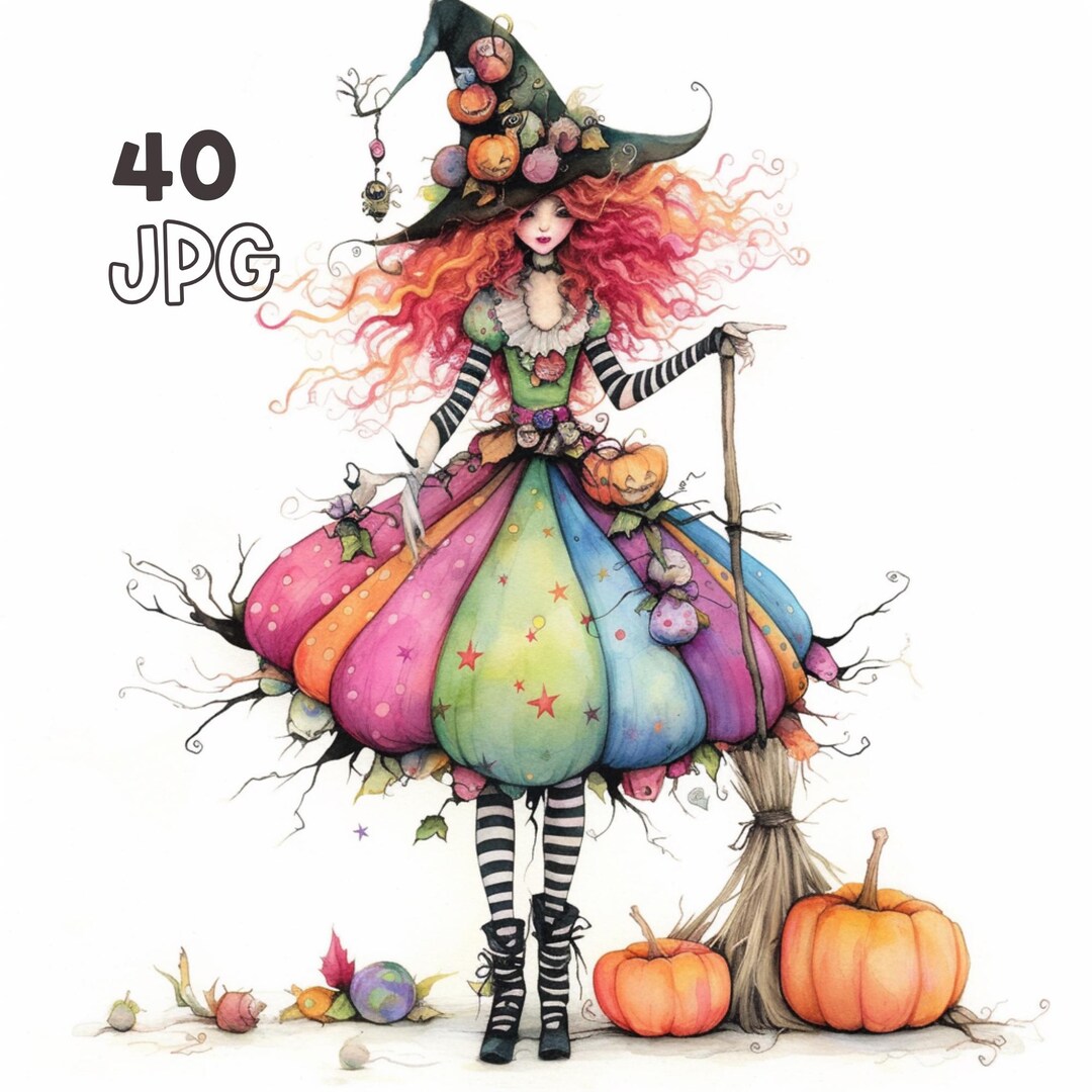 Colorful Witch Clipart - 40 High Quality Jpgs - Digital Planner, Junk ...