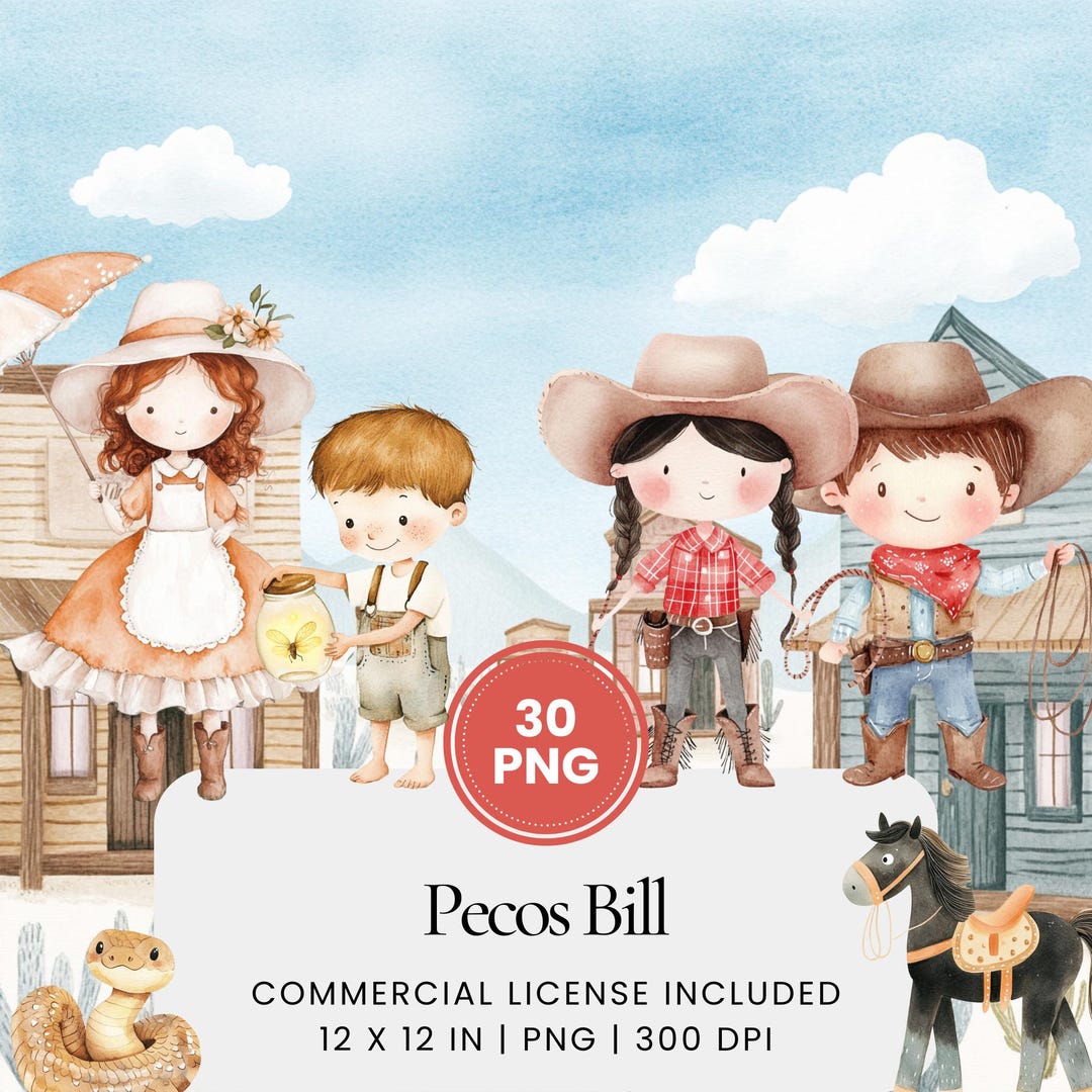 Pecos Bill Clipart, Watercolor Set With Cowboys, Western Town, Horses ...