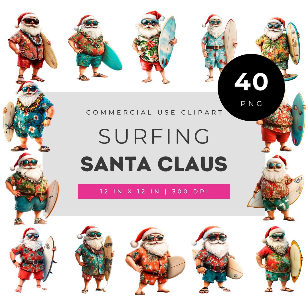 Surfing Santa Clipart, Tropical Christmas Png Set, Beach Santa Claus ...
