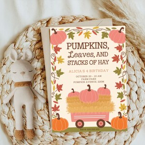 Editable Autumn Birthday Invitation, Pumpkin and Leaves Kids Party ...