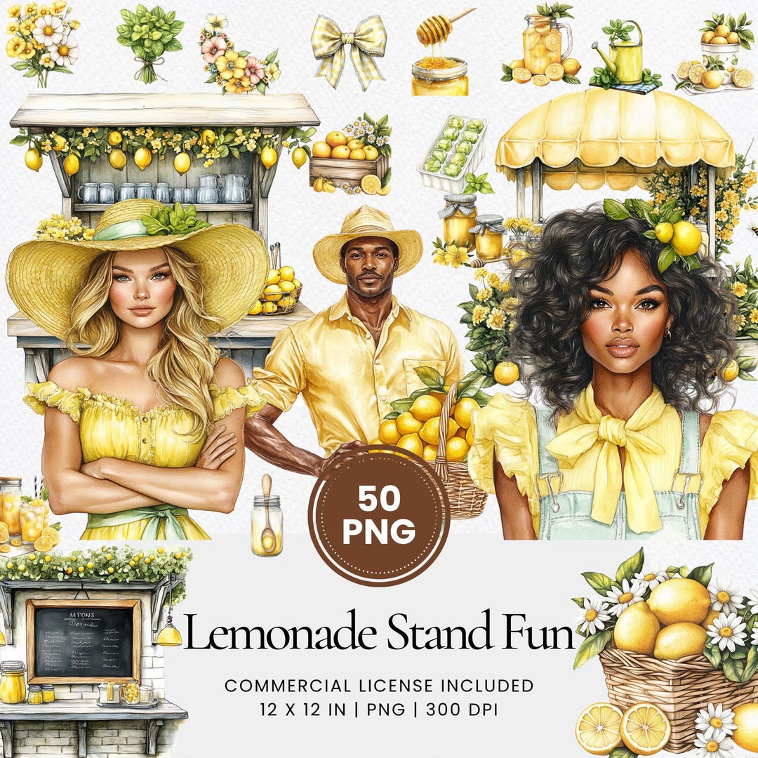Lemonade Stand Fun Clipart, Realistic Watercolor PNG Set With Summer ...