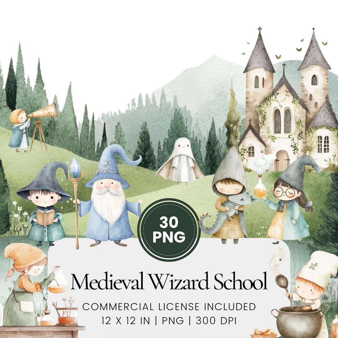 Medieval Wizard School Clipart, Magical Academy Set, Fantasy Sorcerer ...