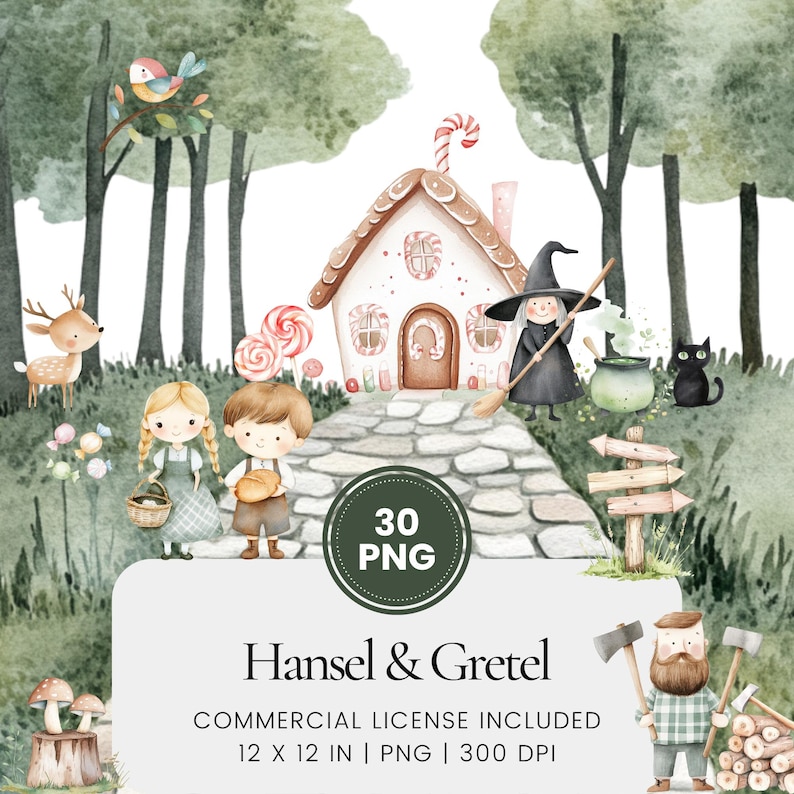 Hansel and Gretel Clipart, Watercolor Fairy Tale Candy House and Forest ...