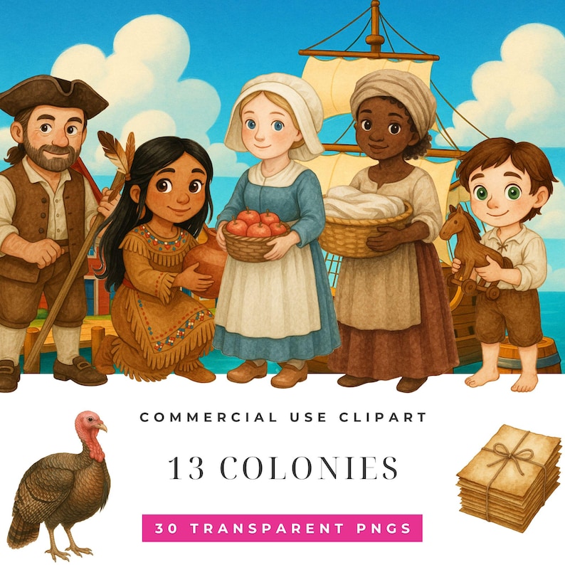 13 Colonies Watercolor Clipart Bundle, American History Illustrations ...