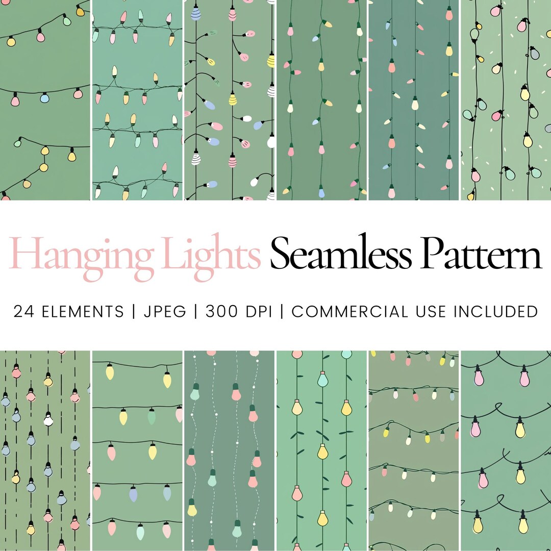 Hanging Lights Seamless Pattern Bundle, Festive String Light Digital ...
