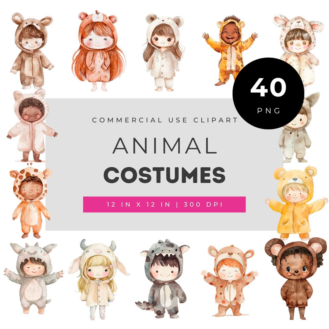 Animal Costumes Clipart Set, Cute Kids in Cozy Onesies Watercolor ...