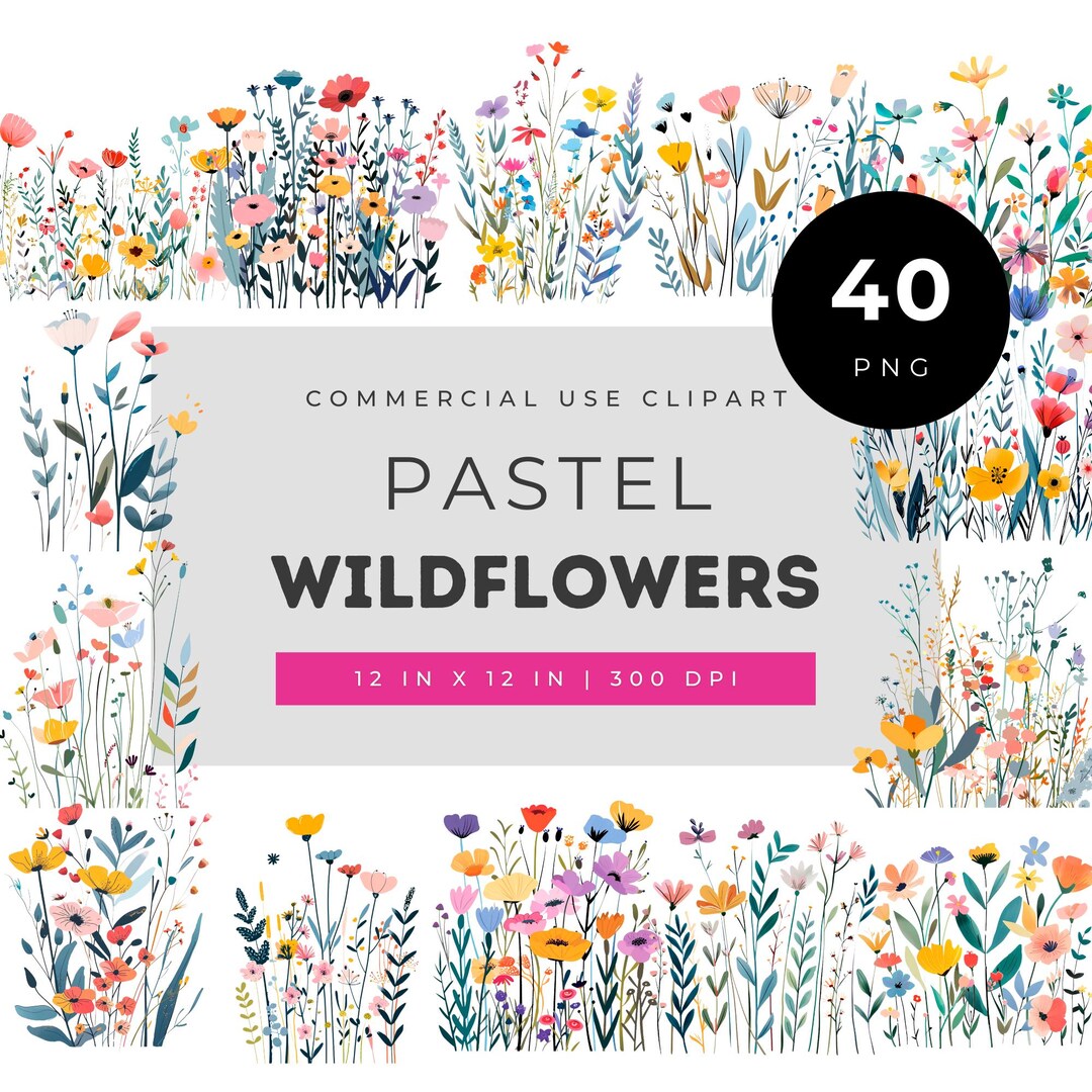 Pastel Wildflowers Clipart Bundle With Soft Floral Meadow Borders for ...