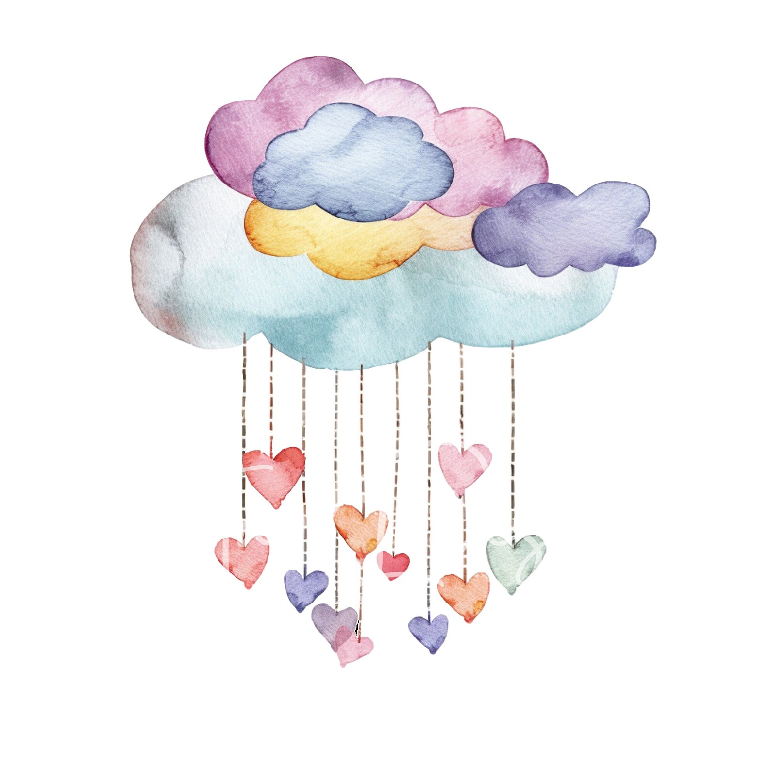 Watercolor Cloud and Hearts Clipart, Pastel Rainbow Heart Rain ...