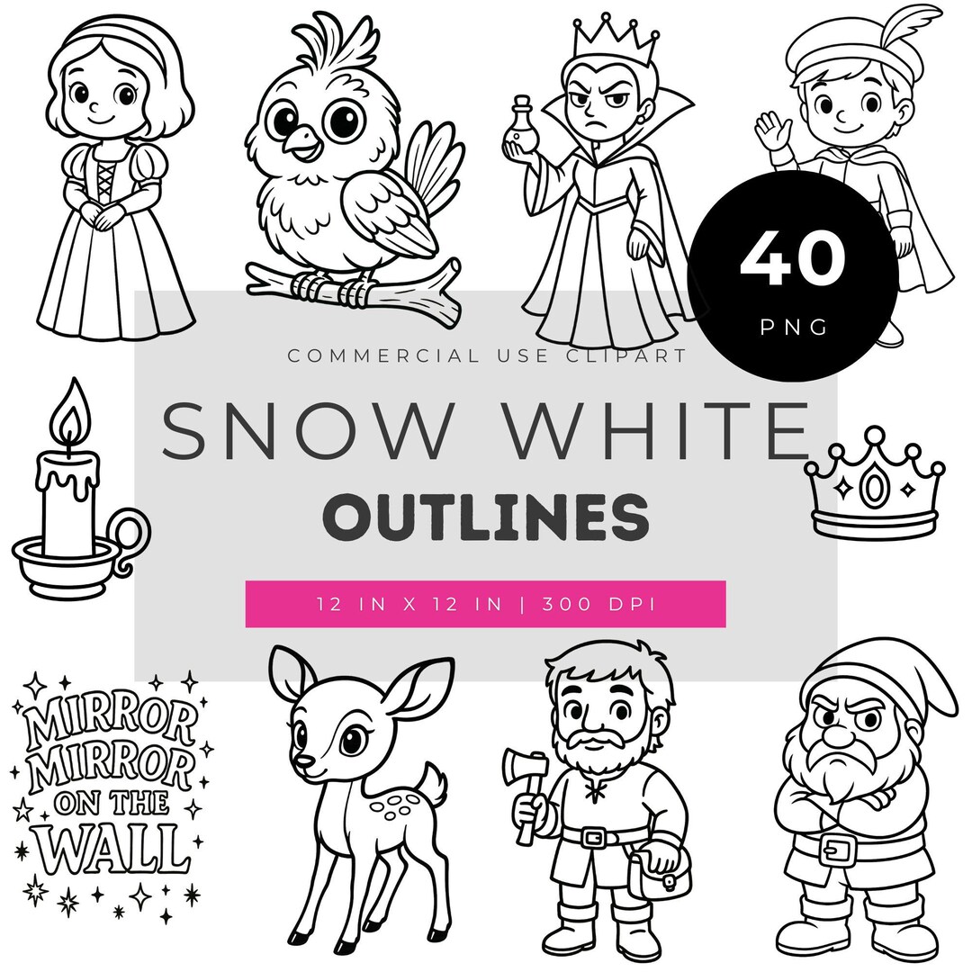 Snow White Coloring Book Clipart, Fairy Tale Outline Characters Bundle ...
