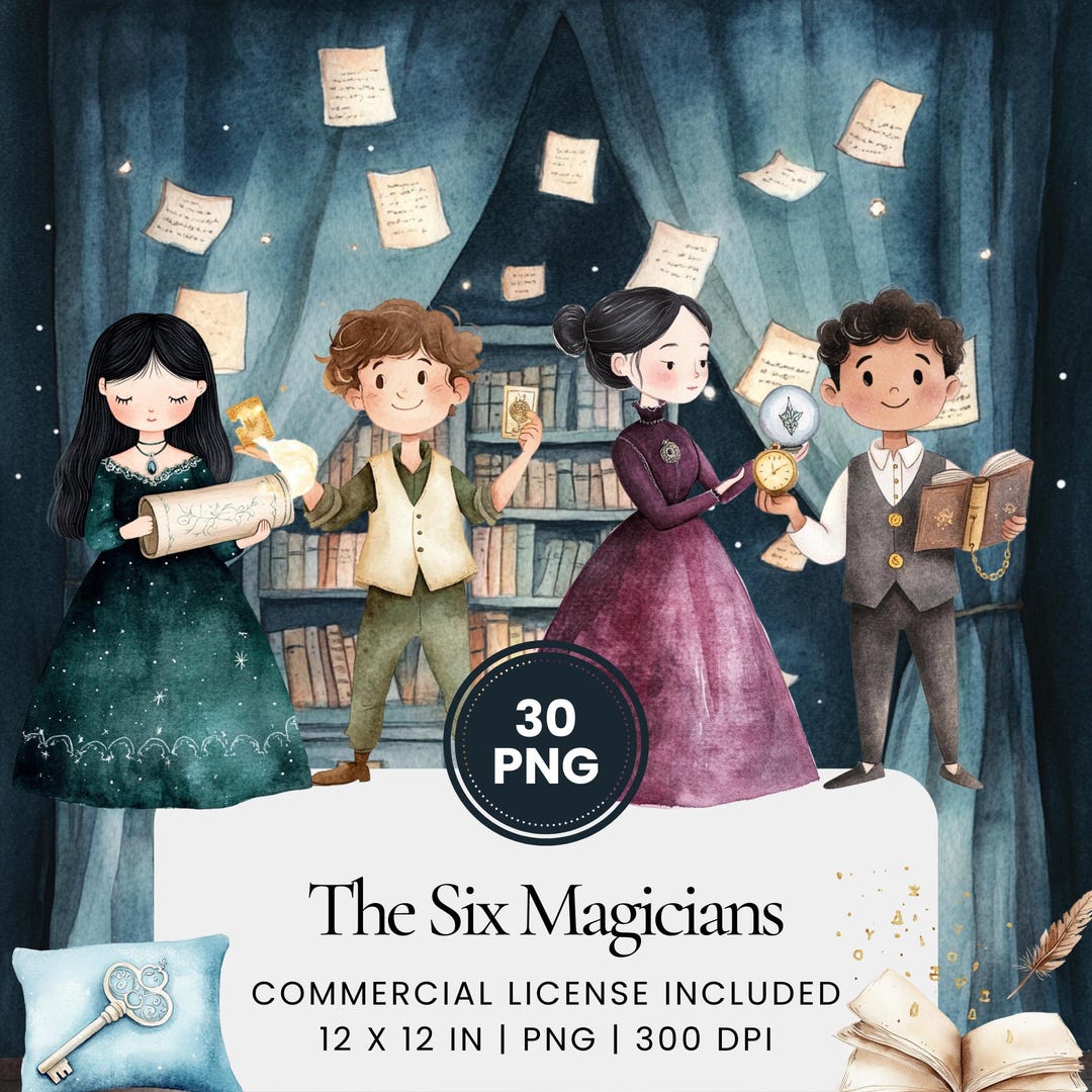 The Six Magicians Clipart, Watercolor Fantasy PNG Set With Scholars ...