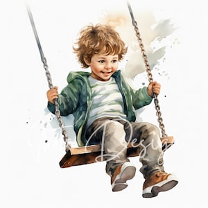 Boy on a Swing Clipart Bundle, Watercolor Swing Boy Illustrations, Cute ...