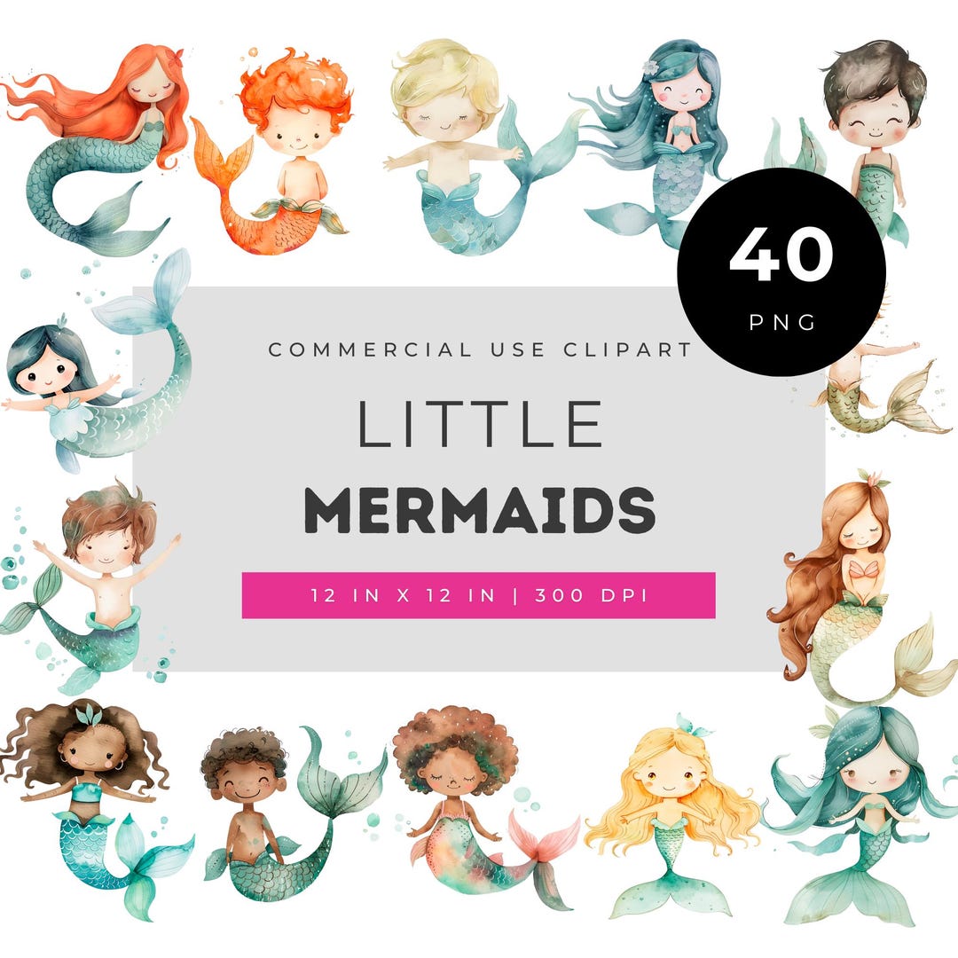 Little Mermaids Clipart Set for Kids Crafts, Underwater Mermaid ...