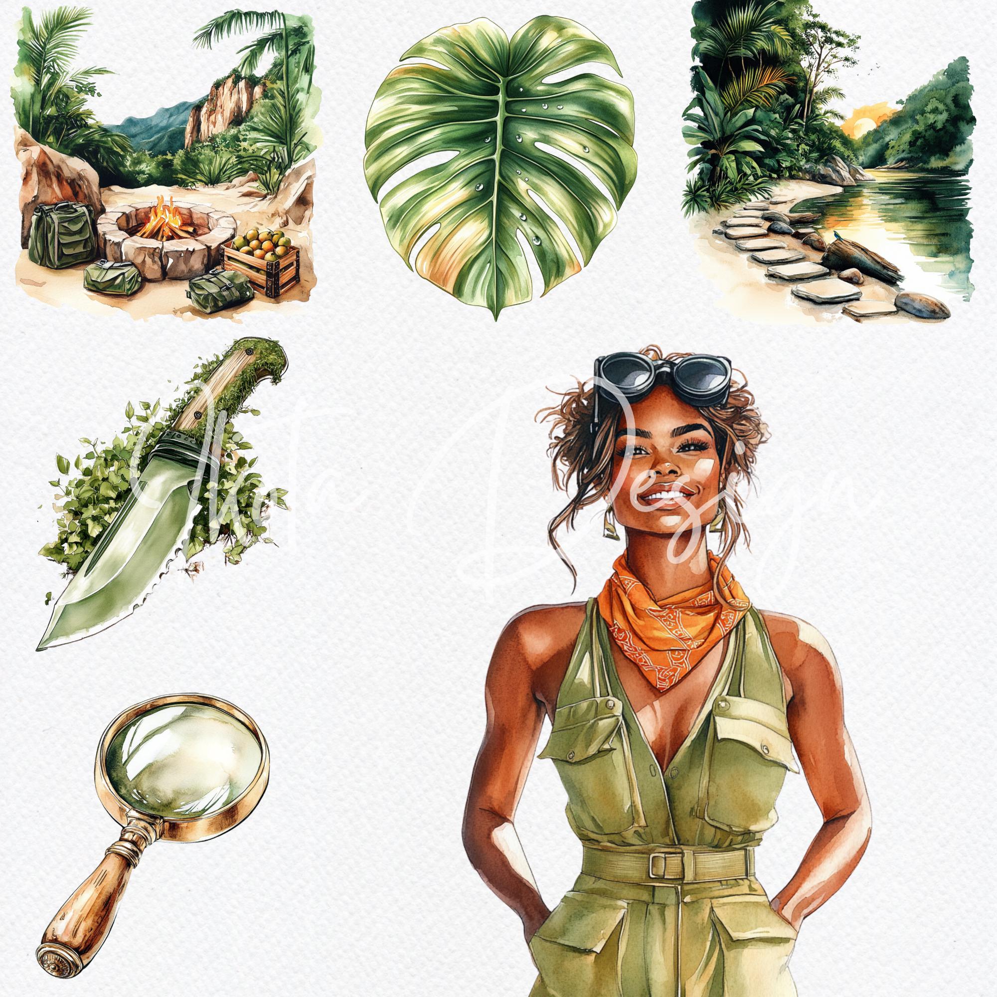 Jungle Adventure Clipart Bundle With Explorers Survival Gear Tropical ...