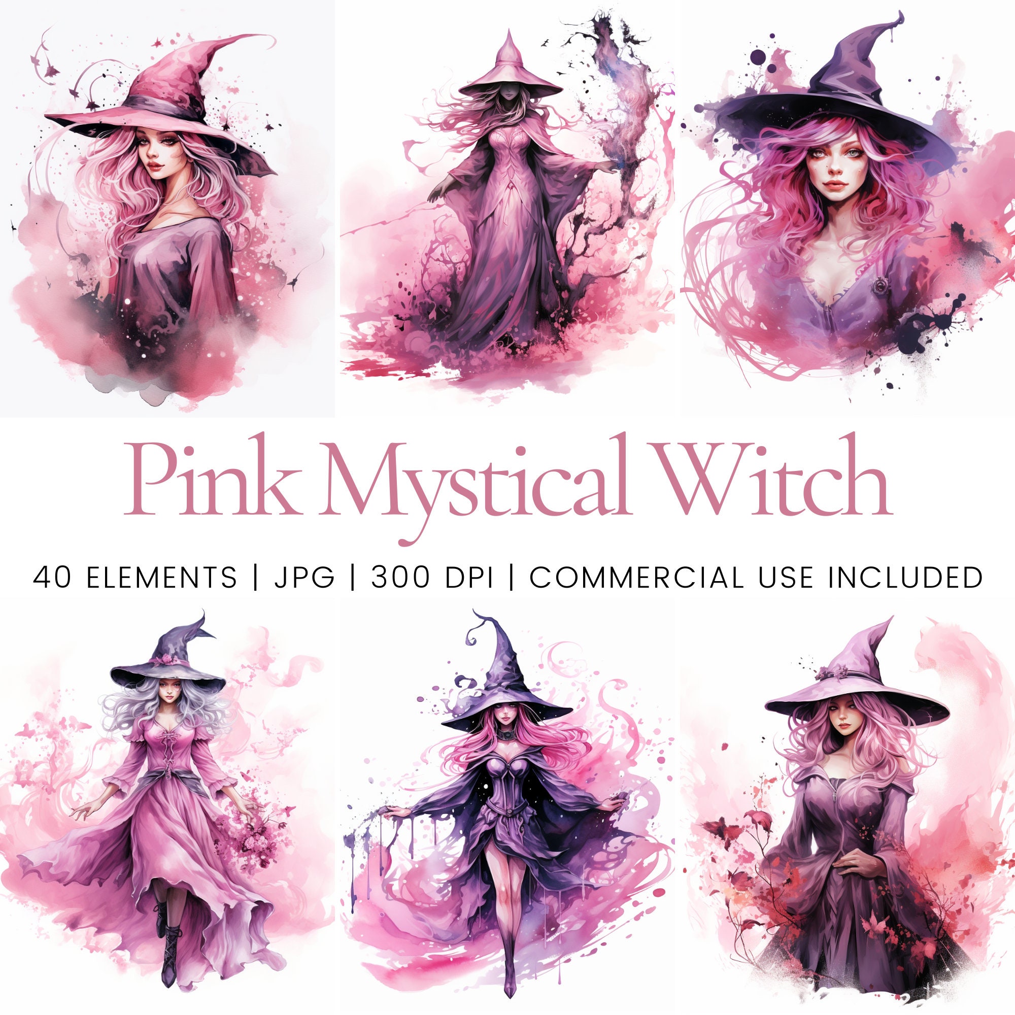 Pink Mystical Witch Clipart 40 High Quality JPG Digital Planner, Junk ...