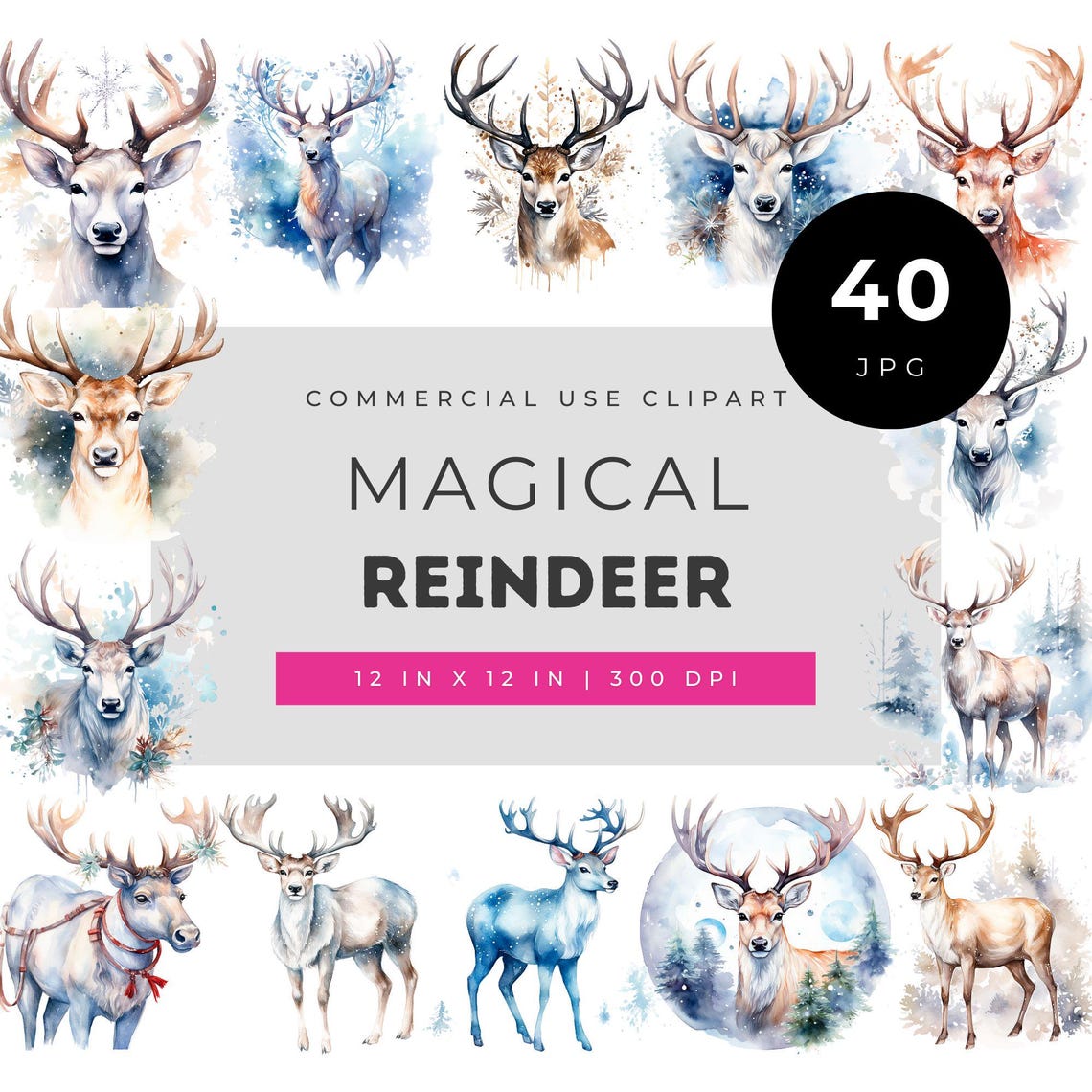 Magical Reindeer Clipart Collection, Winter Woodland Deer Illustrations ...