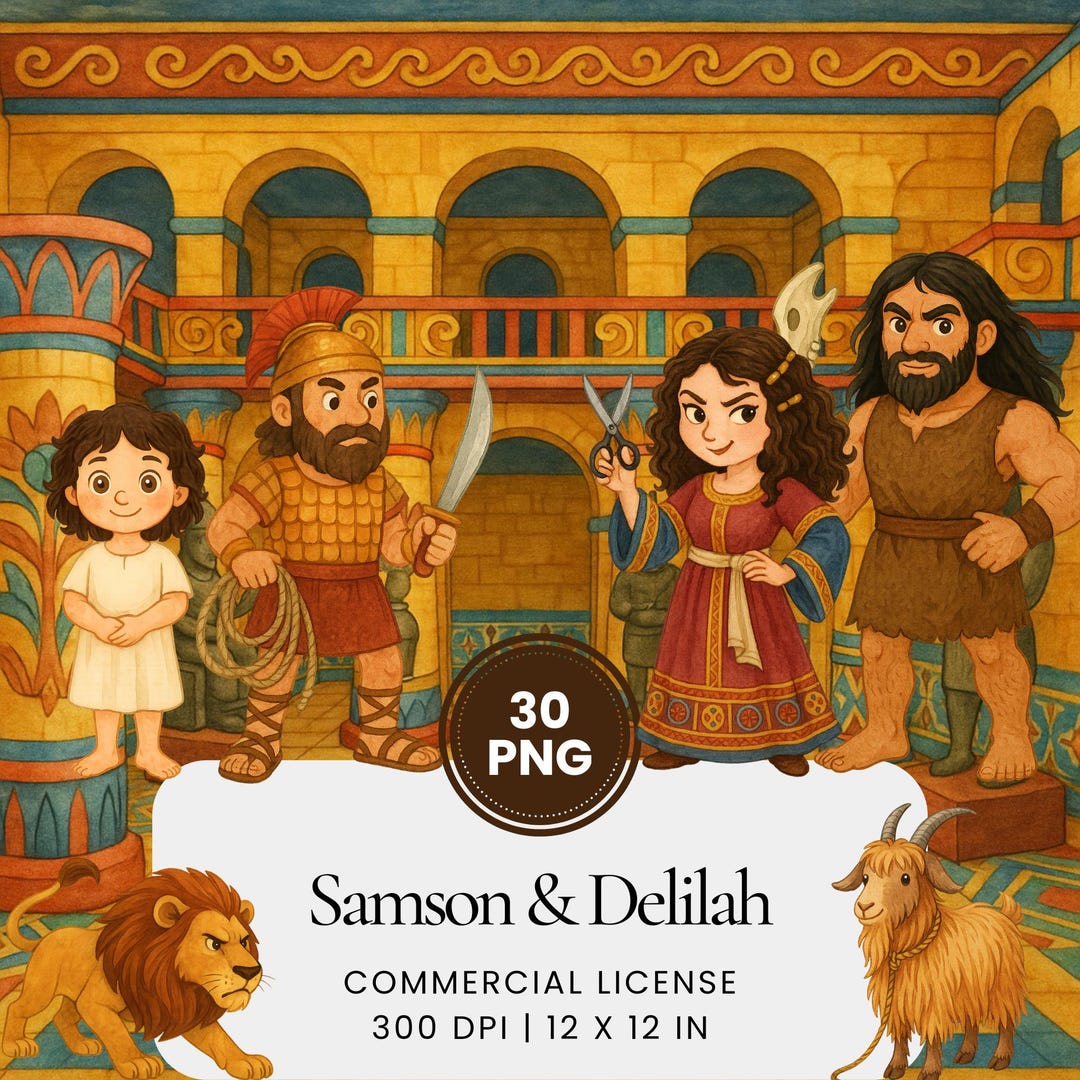 Samson and Delilah Bible Story Clipart, Christian Watercolor ...