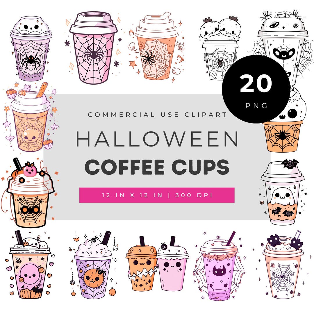 Halloween Coffee Cup Clipart Set, Cute Spooky Latte Png Bundle, Kawaii ...