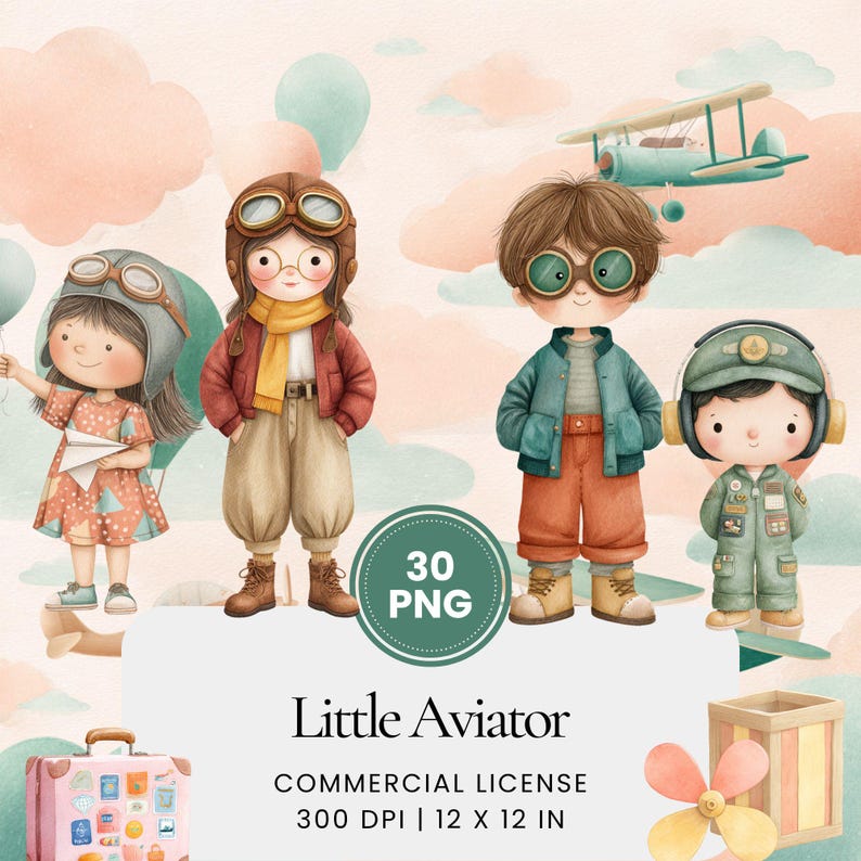 Little Aviator Clipart Bundle, Watercolor Boy Pilot Clipart PNG, Cute ...