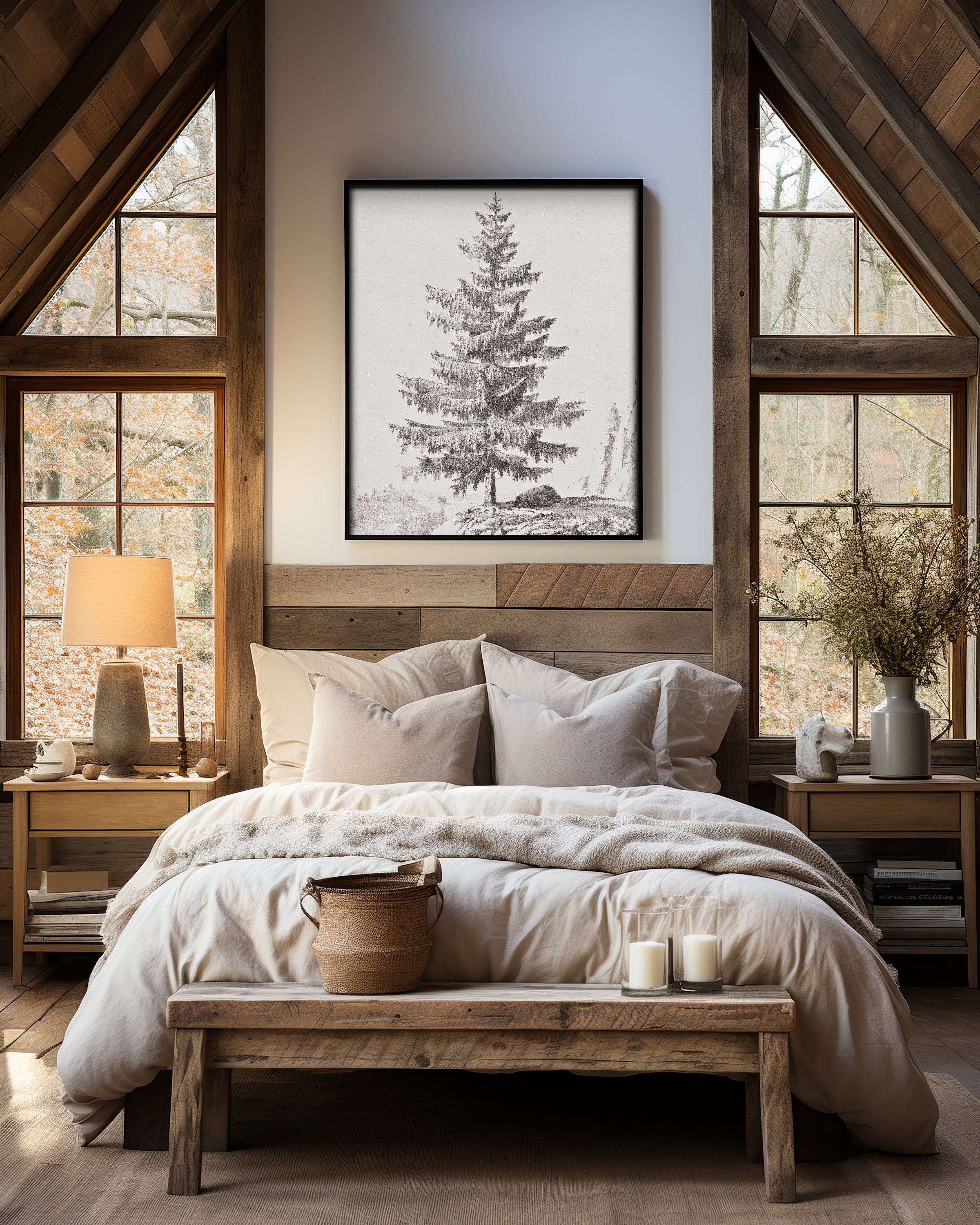 Printable Hillside Lone Pine Tree Sketch, Vintage Tree Wall Art, Pine ...