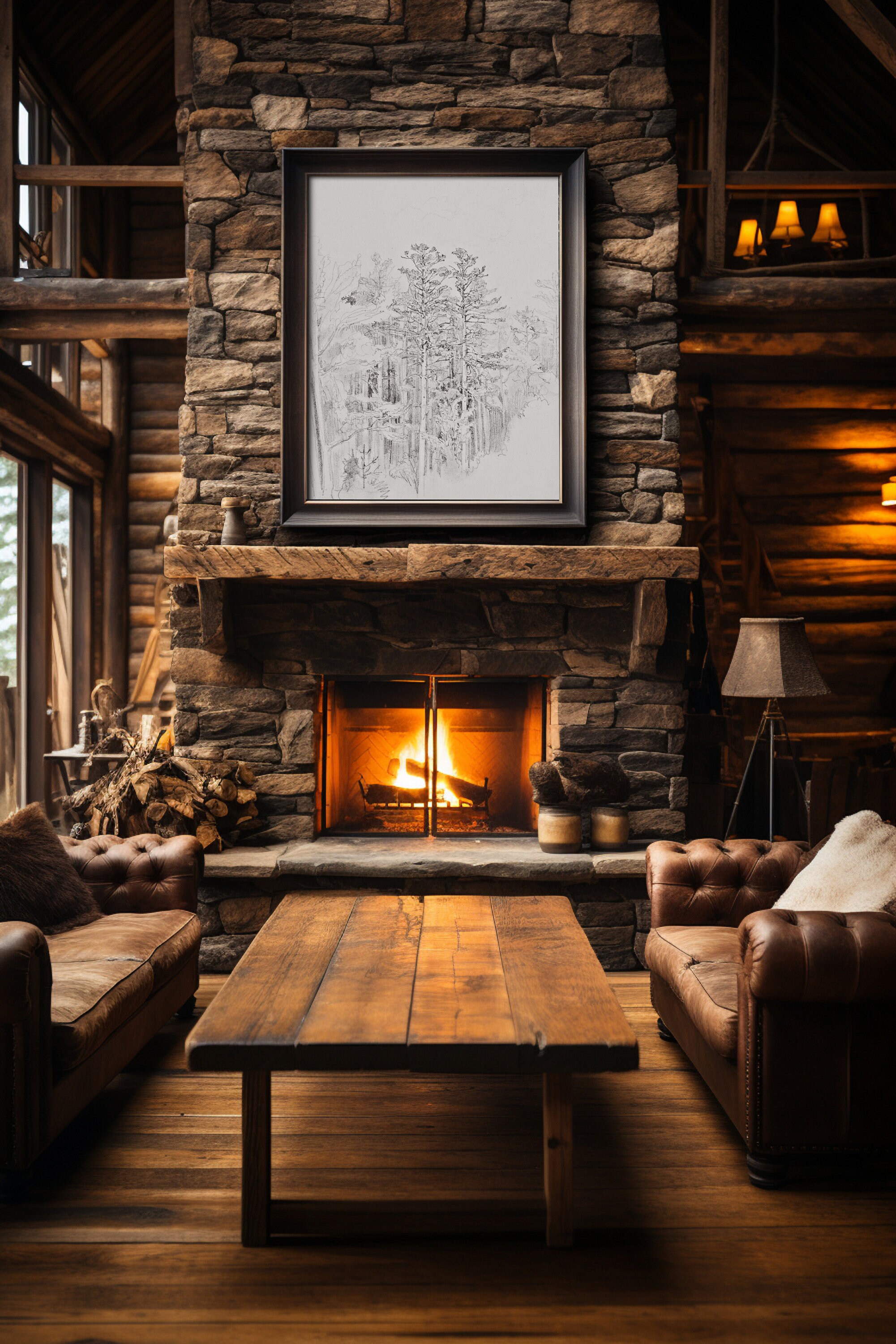 Vintage Printable Pine Trees Sketch, Pine Tree Forest Wall Art, Rustic ...