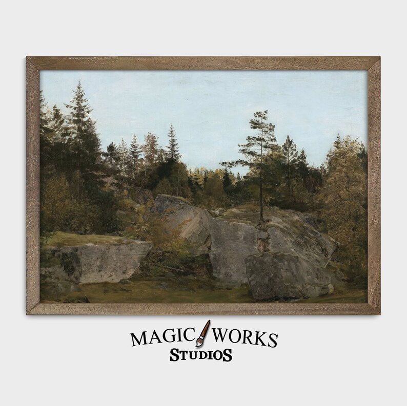 Printable Vintage Rustic Forest Tree Painting Mountain Forest Wall Art ...