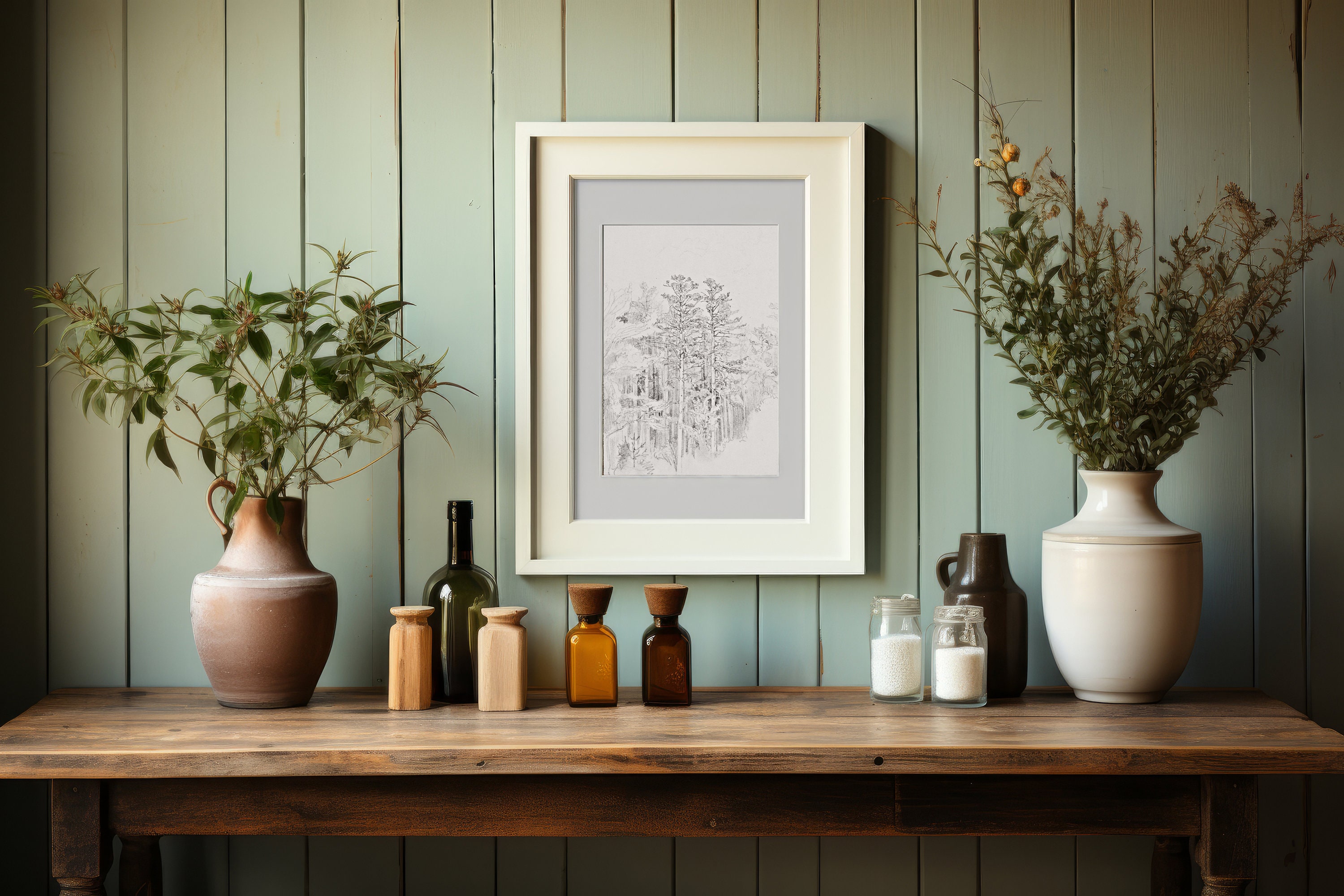 Vintage Printable Pine Trees Sketch, Pine Tree Forest Wall Art, Rustic ...