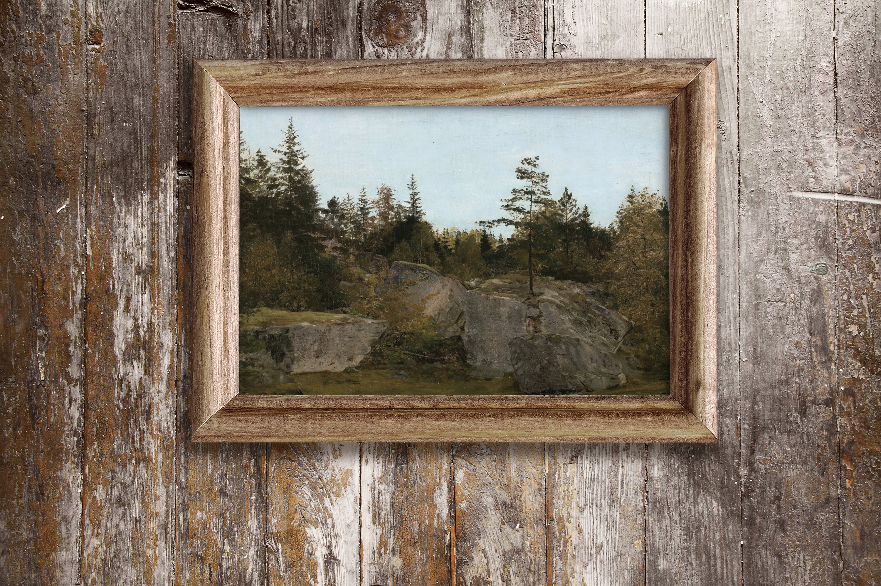 Printable Vintage Rustic Forest Tree Painting Mountain Forest Wall Art ...