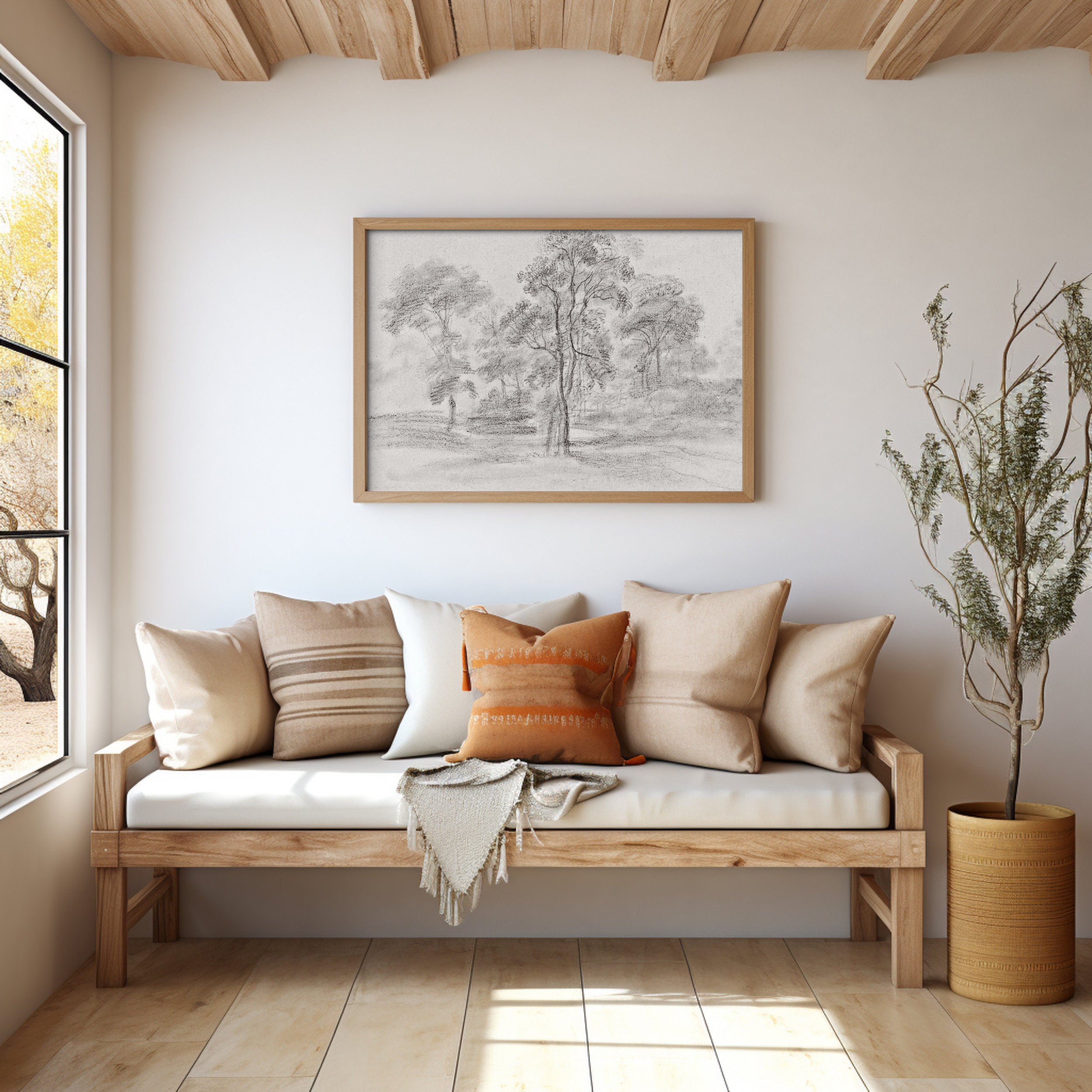 Tree Landscape Drawing, Vintage Tree Wall Art Sketch, Country Landscape ...