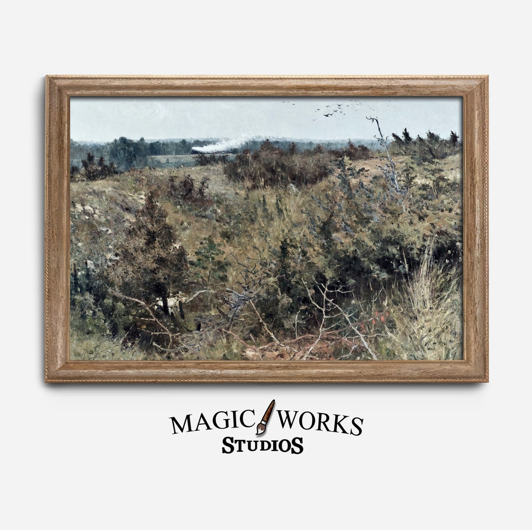 Vintage Printable Painting Fall Winter Hillside Bushes Digital Download ...