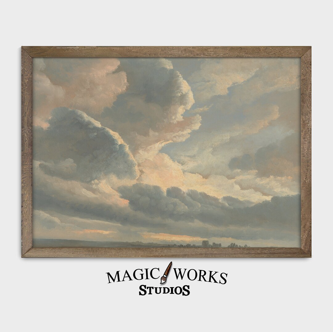 Printable Cloudy Sky Print | Cloud Landscape Wall Art | Vintage Pink ...